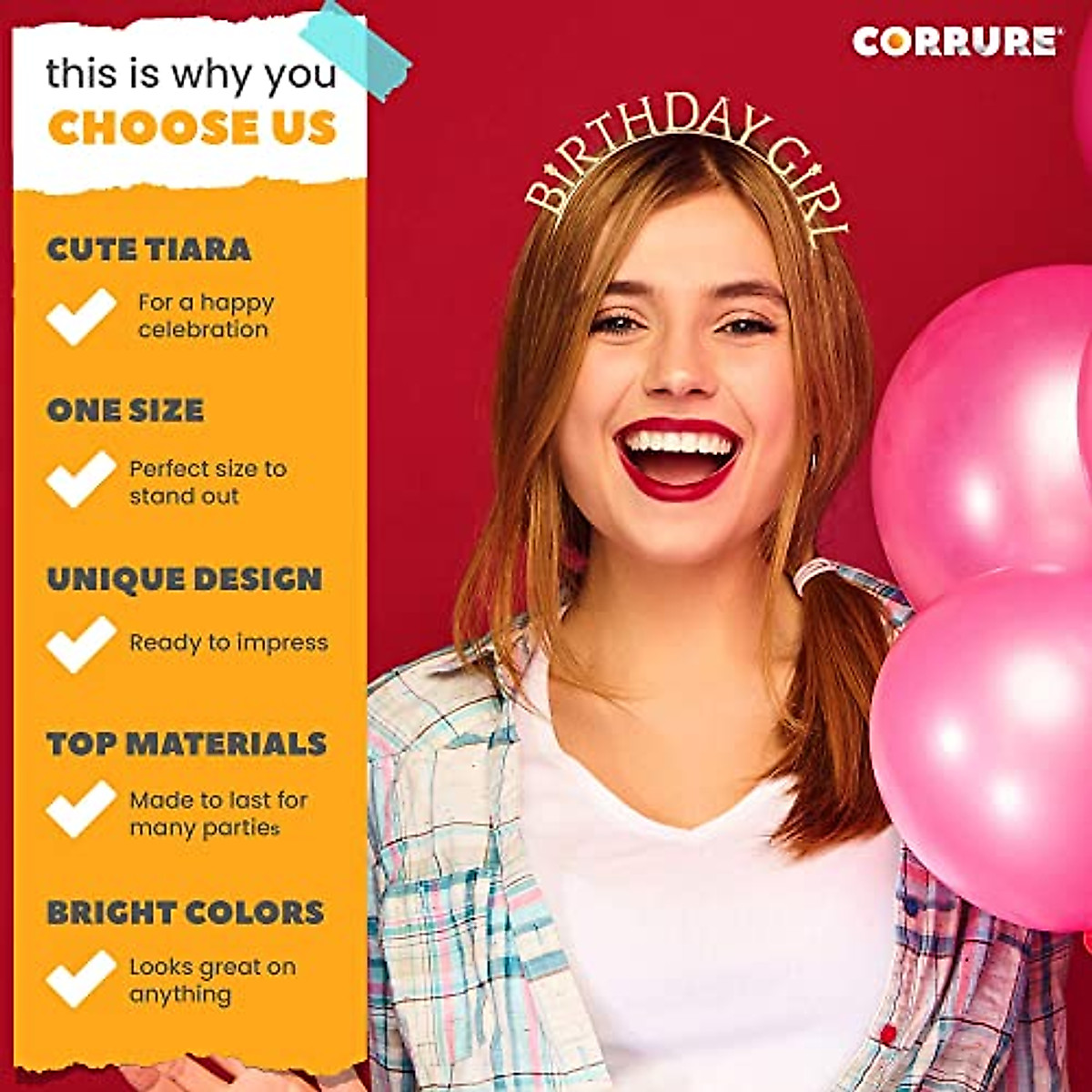 CORRURE Birthday Girl Headband Tiara, Gold Birthday Crown Headpiece, Party Hair Accessories for Girls and Women, Sweet 16, 18th 21st 25th 30th 40th 50th or Any Other Bday Party Decorations Supplies