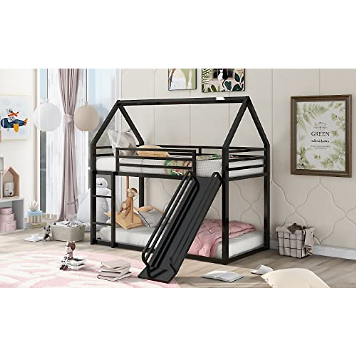 Tidyard Twin Over Twin House Bunk Bed with Ladder and Slide,Black for Bedroom Dorm Guest Room Home Furniture