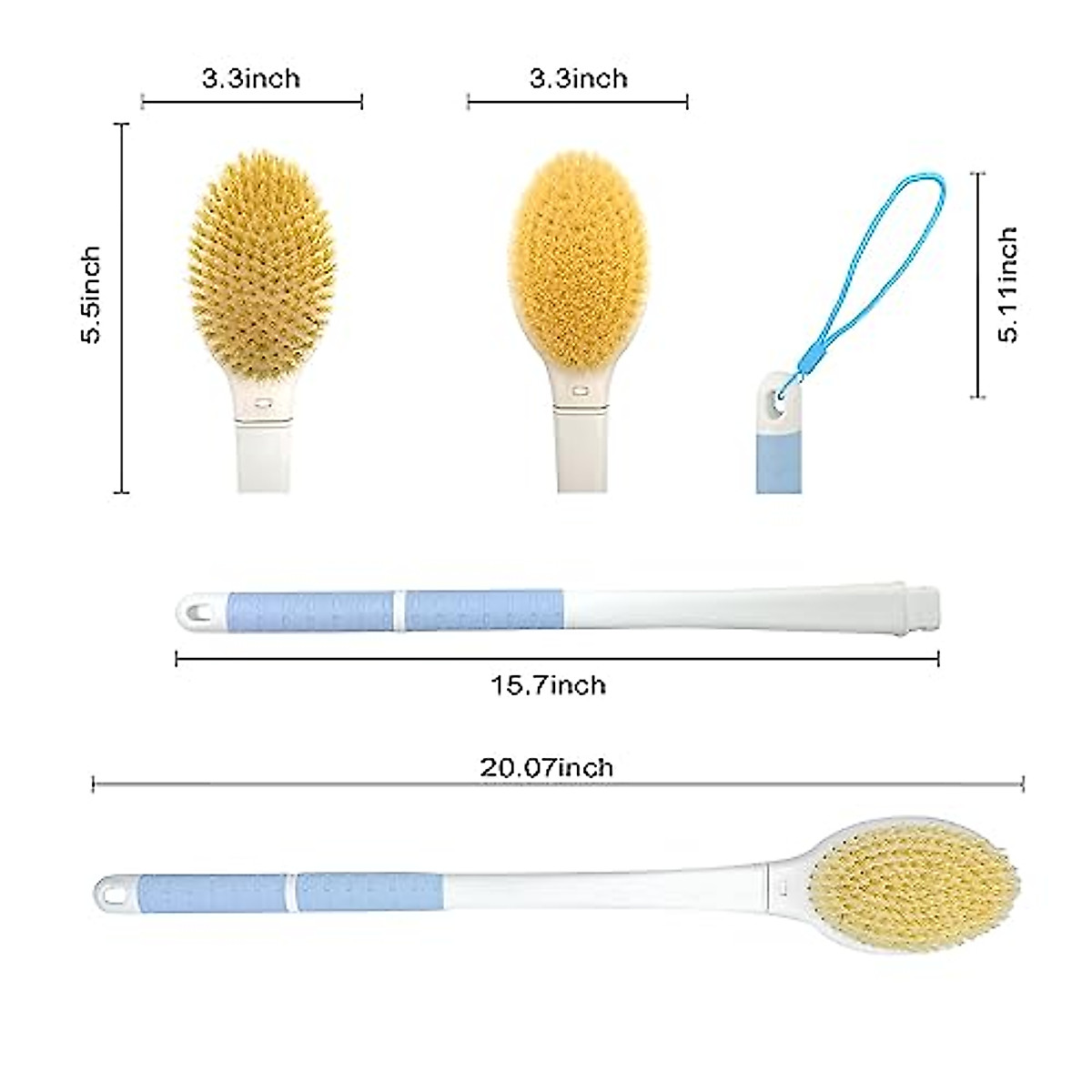 Body Scrubber Anti Slip Long Handle for Shower,Dual-Sided Shower Brush with Soft and Stiff Bristles, 20.07in Showering Exfoliator for Men and Women(Blue)