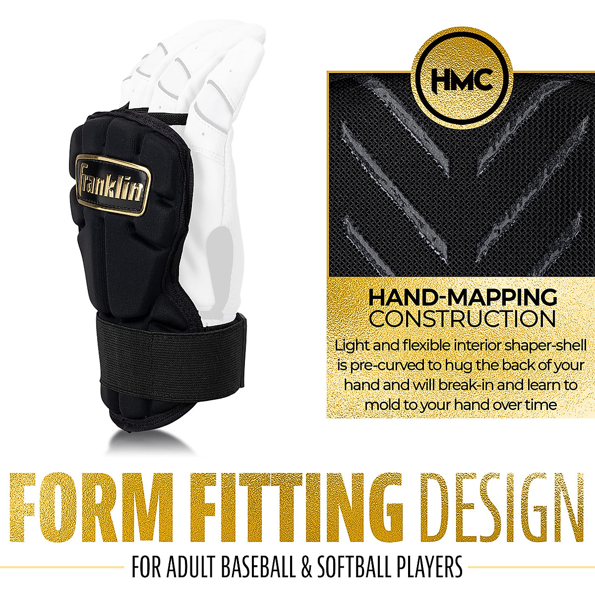 Franklin Sports Baseball Hand + Wrist Guard - PRT LG Series Adult Hand + Wrist Protector for Batting - Protective Hand, Wrist Shield - Right + Left Hand Hitters - Black/Gold - One Size - Adult