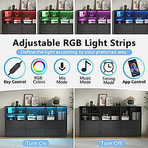 6 Drawers Dresser with 7 Storage Cubbies, LED Chest of Drawers with Power Outlet, 63" Triple Wide Long Dresser Organizer for Bedroom, Modern TV Stand with Open Shelf for Living Room, Entryway (Black)