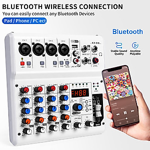 6-Channel Audio Mixer with 99 Sound Effects for PC,Portable Sound Mixing Console with Bluetooth USB Recording Input for Live Streaming,Podcasting,DJ Show