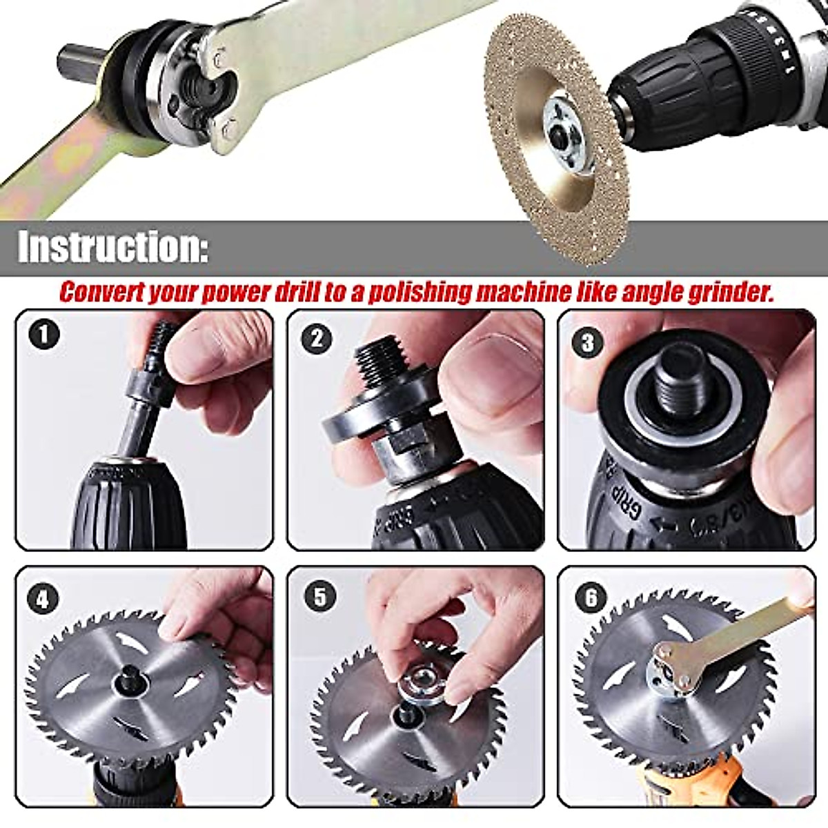Yakamoz Drill Angle Grinder Adapter with Flange Nut Parts Set, 6mm and 10mm Drill Arbor Mandrel Adaptor with 3 Set Replacement Grinder Flange Nuts and Spanner Wrench Conversion Tool