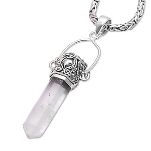 NOVICA Artisan Handmade Quartz Pendant Necklace Balinese Sterling Silver Crystal Indonesia Gemstone Floral Birthstone [19.75 in L 3 mm W Pendant(s) 2.4 in H x 0.6 in W x 0.4 in D] ' Crystal Amulet'