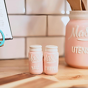 Farmhouse Canisters Sets for the Kitchen - Mason Jar Ceramic Kitchen Utensil Holder, Spoon Rest, Cute Cookie Jar, Salt & Pepper Shaker Sets, Sponge Holder, Measuring Cups & Spoons (Pink, 17-Pc Bundle)