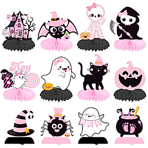 Halloween Party Honeycomb Centerpieces 12Pcs Happy Halloween Party Decorations for Girls Pink and Black Halloween Theme Centerpieces for Ghost Pumpkin Bat Witch Theme Party Baby Shower Supplies