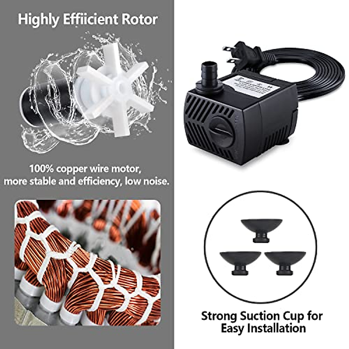 Submersible Fountain Pump 2 Packs 80GPH (4W 300L/H), Quiet Water Pump with 2.6ft High Lift, Fountain Water Pump with 9.8ft（3m）Tubing, 3 Nozzles for Fish Tank, Aquarium, Hydroponics, Statuary, Pond