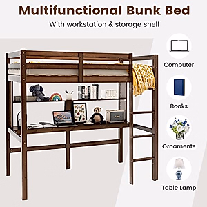 Giantex Twin Loft Bed, Wooden Bed Frame with Desk and Bookshelf, Loft Bed for Kids Teens, No Box Spring Needed, Brown