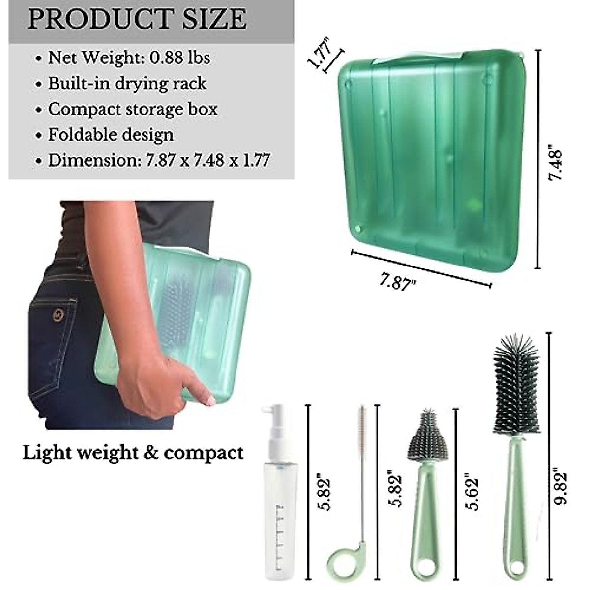 6 in 1 Baby Bottle Cleaning Brush Set : Silicone Bottle Brush, Nipple Brush, Straw Brush, Baby Bottle Drying Rack Space Saving, Soap Dispenser, & Storage Box. Newborn Essentials Must Haves. Green