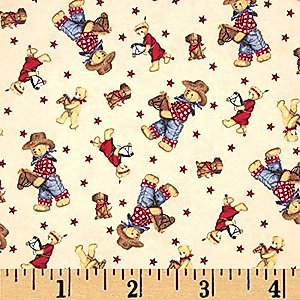 Flannel Tossed Cowboy Bears Ivory/Multi, Fabric by the Yard