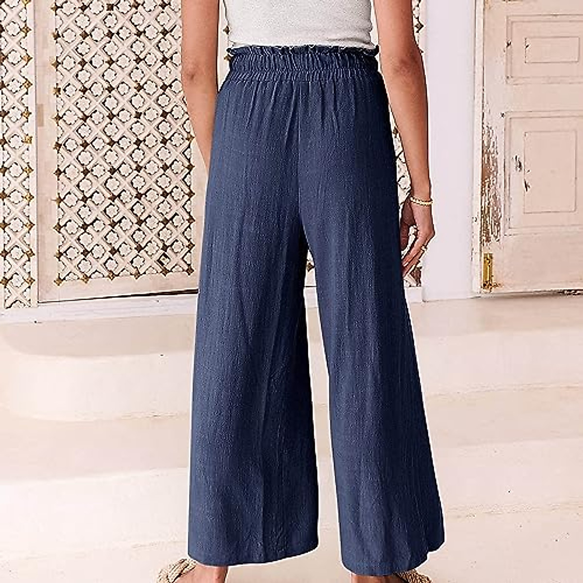DOLKFU My Orders Placed Recently by me Flare Pants for Women Wide Leg Pants for Women High Waisted Drawstring Palazzo Linen Pants Casual Loose Trousers with Pockets Navy XL