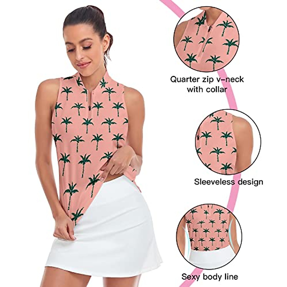 Soneven Womens Sleeveless Golf Polo Shirt Zip Up Printed Tennis Shirts Quick Dry Mesh Athletic Golf Tank Top