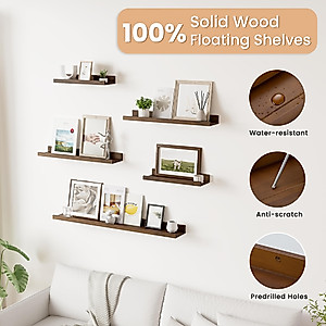 Acovy Floating Shelves for Wall, 24 inch Solid Wood Picture Ledge Shelf, Picture Shelf for Wall with Ledge, Floating Book Shelves for Living Room Bedroom Kitchen Nursery Decor, Walnut, Set of 2