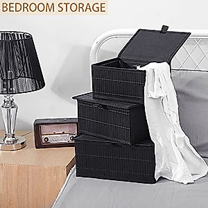 Honygebia Bamboo Decorative Storage Boxes - Set of 3 Woven Lined Storage Basket with Lids, Black Wicker Lidded Baskets for Home Kitchen Shelf Organizer Decor