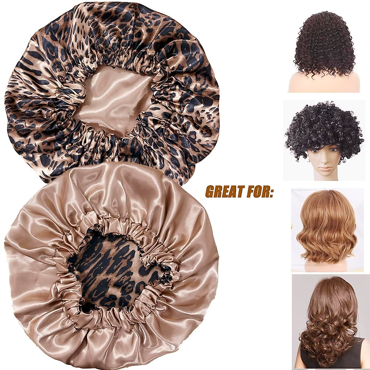 2 Pcs Silk Bonnet for Sleeping Satin Bonnet Double Layer Hair Bonnet for Curly Hair Comforable Hair Wrap Reversible Sleep Cap (Black+Leopard)