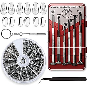 Eyeglass Repair Kit, PTSLKHN Sunglasses Repair Tool Kit with Eyeglass Screws, Precision Screwdriver Set, Tweezer and Nose Pads for Glasses and Watch Repair, Nose Pad Replacement