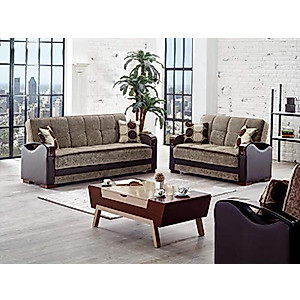 BEYAN Rochester Collection Upholstered Convertible Love Seat with Storage Space, Includes 2 Pillows, Dark Brown