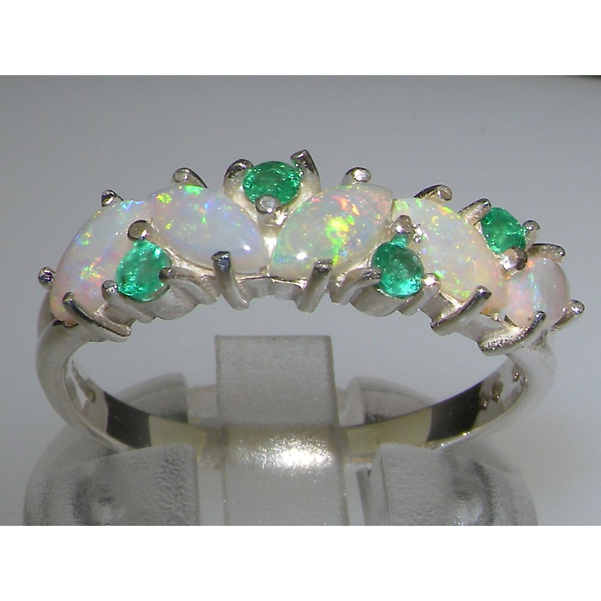 LetsBuyGold 925 Sterling Silver Natural Opal and Emerald Womens Eternity Ring - Size 11.75