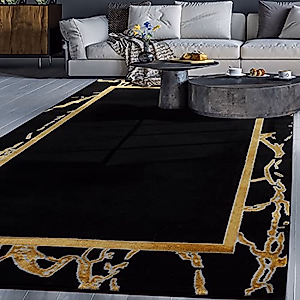 Antep Rugs Babil Gold 5x7 Marble Bordered Modern Geometric Indoor Area Rug (Black, 5'3" x 7')