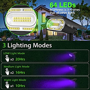 64 LEDs Solar Spot Lights Outdoor Landscape Lighting, AOUNQ 1000 Lumens 3 Lighting Modes Solar Outdoor Lights Purple, IP67 Waterproof Solar Spotlight 2-in-1 Garden Light, for Yard Pathway Flag, 2 Pack
