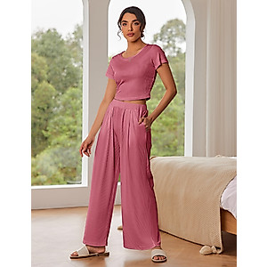 Ekouaer Women's 2 Piece Lounge Sets Short Sleeve Pajama Set Ribbed Knit Crop Top Wide Leg Pants Loungewear,Old Rose,L