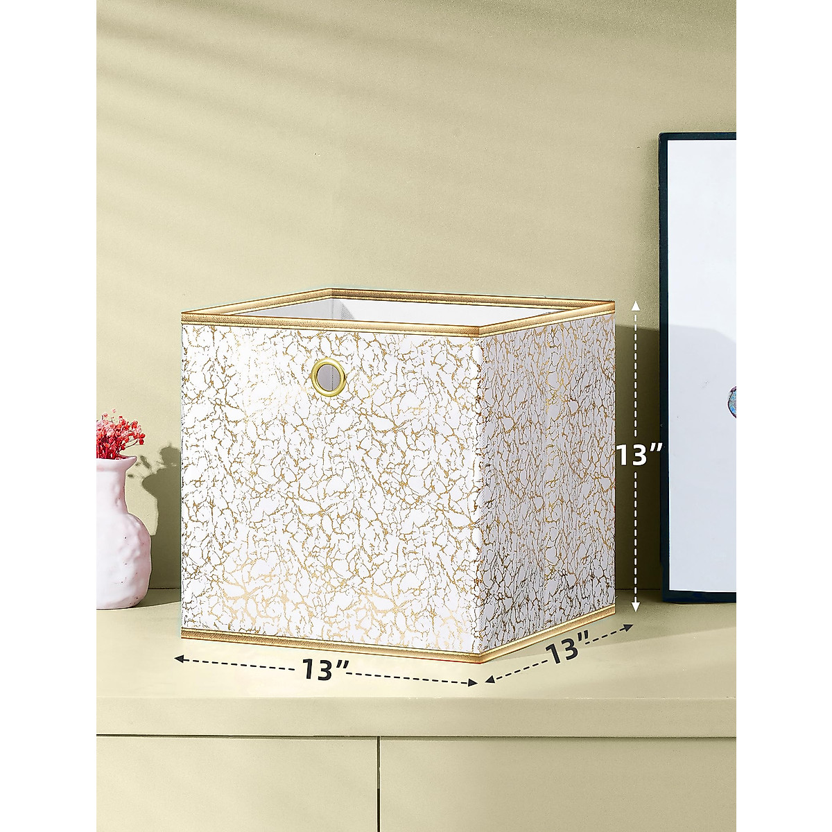 DAMAHOME Fabric Storage Cube Bins, Foldable 13 Inch Cube Storage Bins with Grommet Handle, 4-Pack Collapsible Cubby Organizer for Shelves, Closet, Nursery, Toys, White Gold