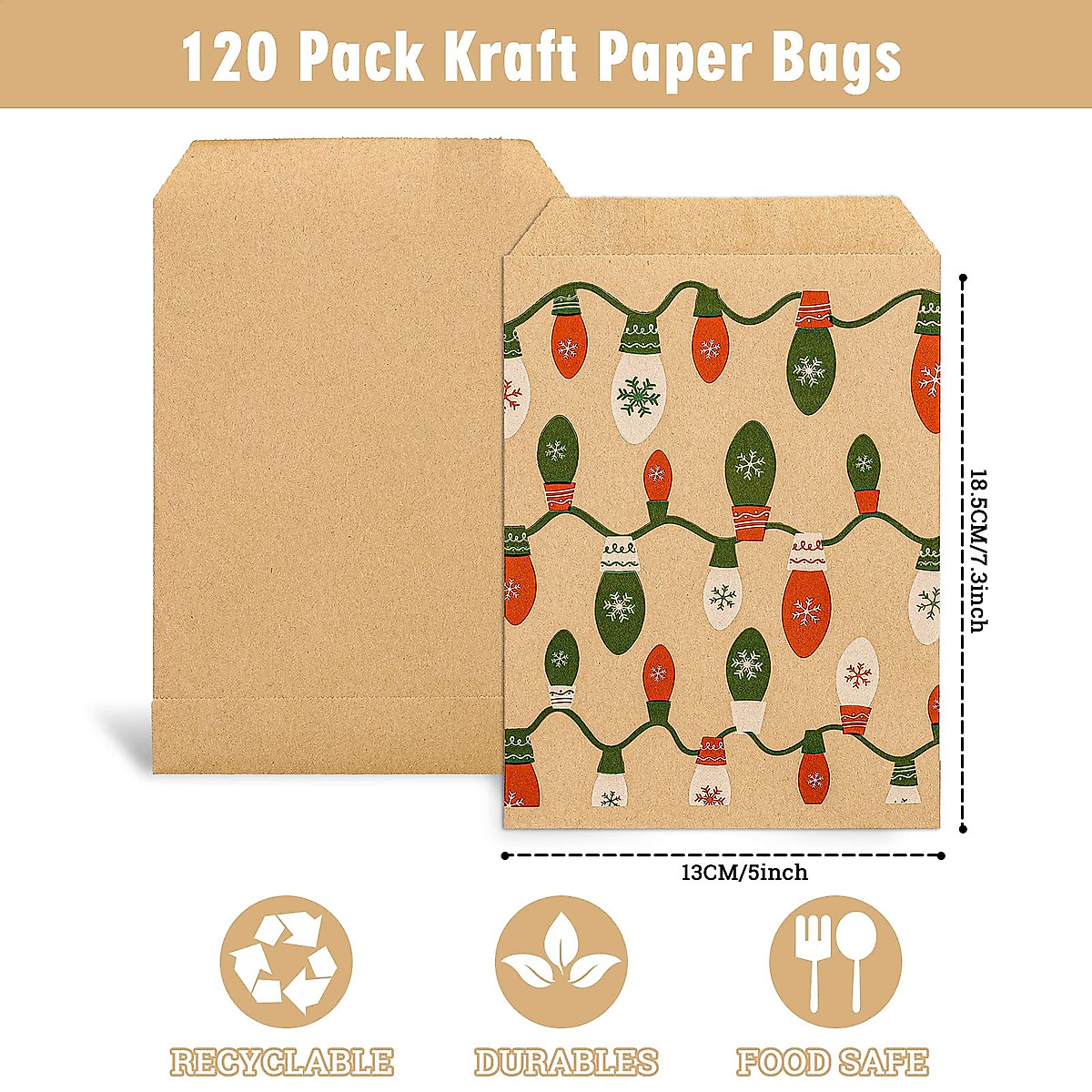 Whaline 120 Pack Christmas Kraft Treat Bags Xmas Tree Snowflake Bulb Light Prints Goodies Snack Gift Bags Red Green Candy Buffet Paper Bags for Christmas Holiday Party Favor Supplies, 4 Designs