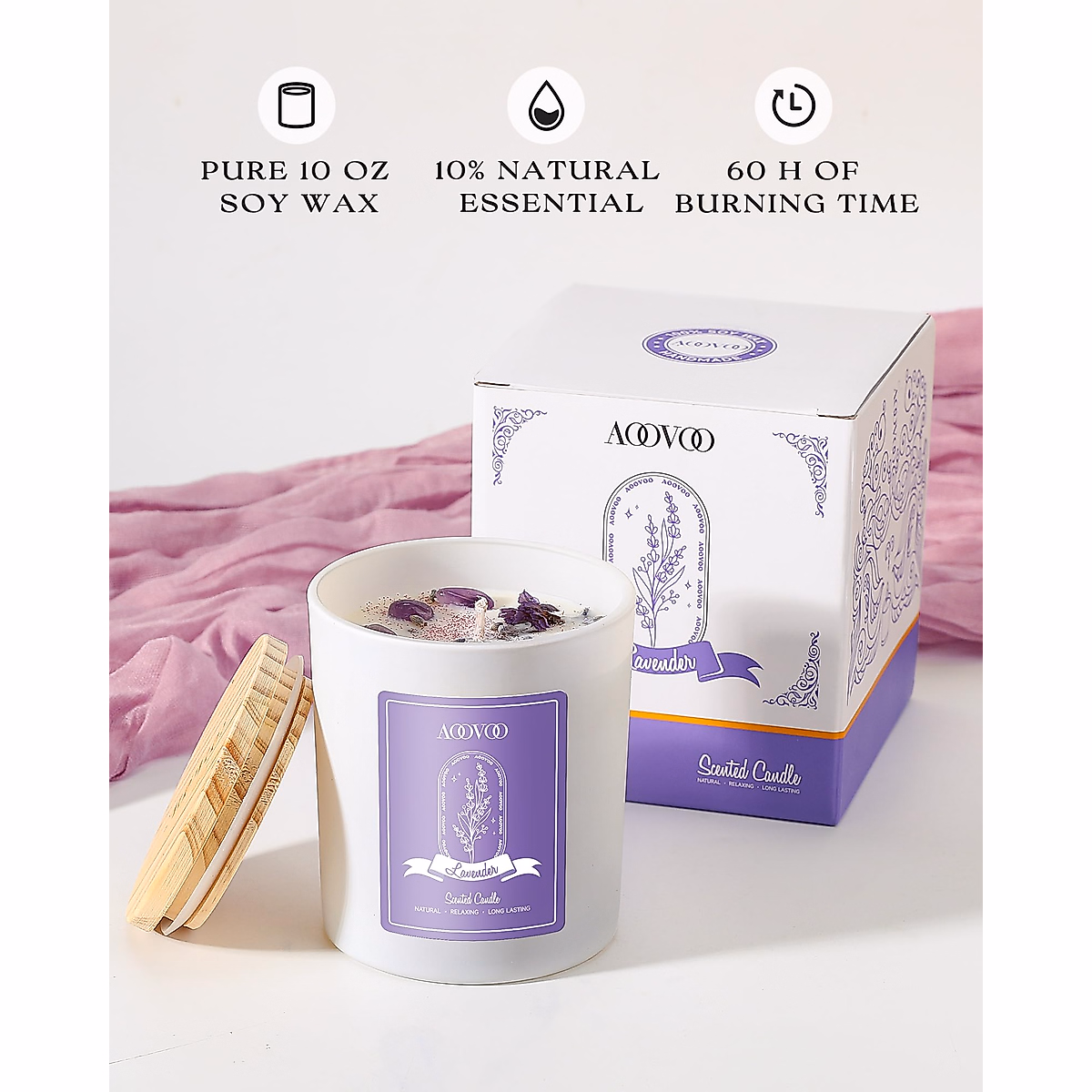 AOOVOO Lavender Scented Candles for Women - Aromatherapy Candle with Crystals Inside, 10oz Soy Candles for Home Scented, Christmas Birthday Gifts Candle for Women Mom