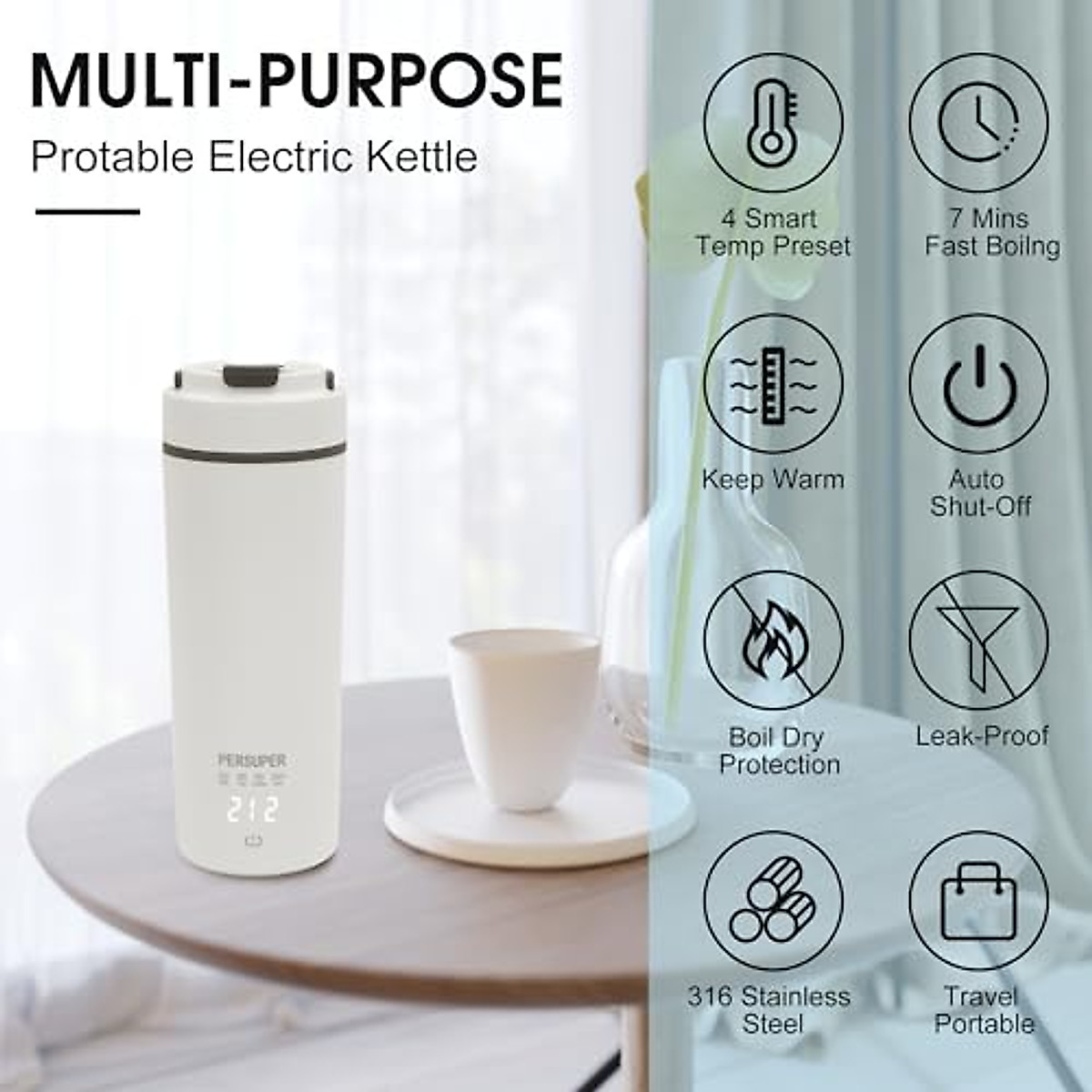 PERSUPER Portable Kettle, 450ml Small Electric Travel Kettle, Coffee Kettle, with 4 Variable Presets, Fast Boil and Keep Warm Function, Auto Shut-Of, Boil Dry Protection, 316 Stainless Steel