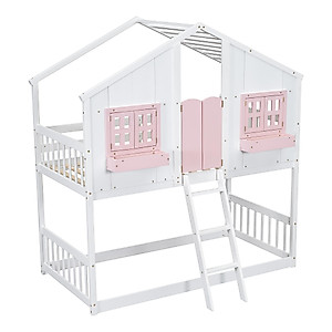 Tdewlye House Bunk Bed Twin Over Twin Kids Bunk Bed Wood Frame with Roof, Window, Window Box, Door, Safety Guardrails and Ladder for Girls Boys Child Teens (Pink+White-@14)