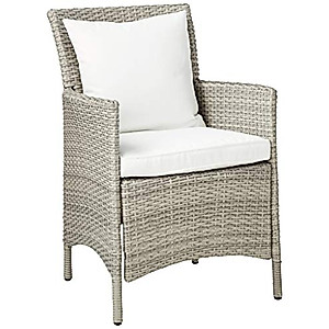 Modway Conduit Wicker Rattan Outdoor Patio Dining Arm Chair with Cushion in Light Gray White