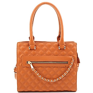 Chain Accent Structured Vegan Leather Square Medium 2-Way Satchel Tote Handbag Purse (Chain Accent - Nude)