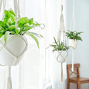 Mkono Macrame Plant Hangers, 3 Different Sizes Indoor Hanging Planters Basket Decorative Flower Pots Holder Stand Boho Home Decor, Ivory