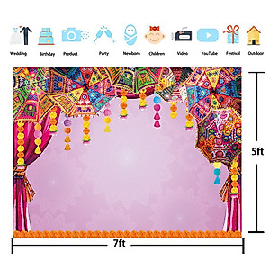 Indian Traditional Backdrop 7x5FT Purple Curtain Boho Flowers Umbrella Background for Wedding Birthday Bridal Shower Party Decoration Couples Trip Photo Booth Props