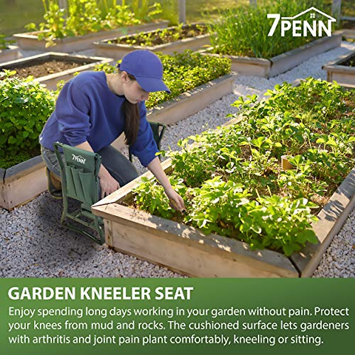 7Penn Garden Stool - 2 in 1 Garden Kneeler and Garden Work Seat Green Foldable Stool with Pouches and Cushioned Seat