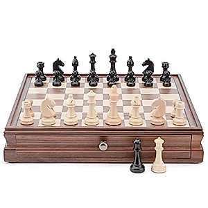 A&A 15 inch Walnut Wooden Chess Sets w/ Storage Drawer / Triple Weighted Chess Pieces - 3.0 inch King Height/ Walnut Box w/Walnut & Maple Inlay / 2 Extra Queen / Classic 2 in 1 Board Games