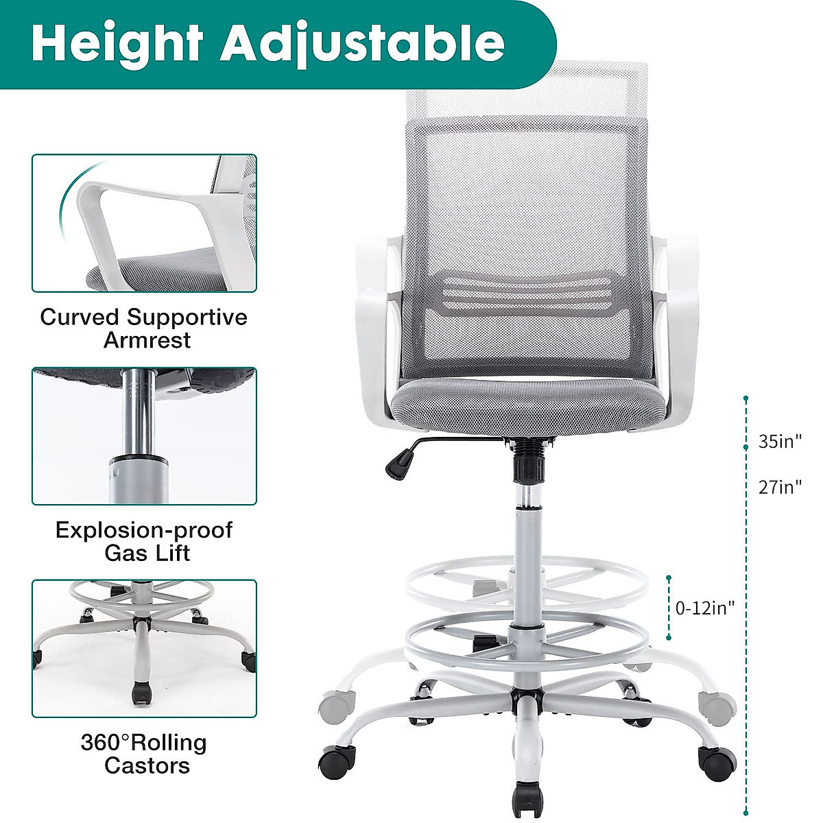 Drafting Chair - Tall Standing Office Desk Chair with Adjustable Foot Ring, Chair with Ergonomic Lumbar Support, Adjustable Height, Breathable Mesh