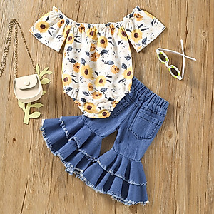Omkzanbi Toddler Girl Bell Bottoms Outfit Sunflower Off Shoulder Bodysuit Romper Denim Flared Pants Summer Jean Outfit (White Blue, 12-18 Months)
