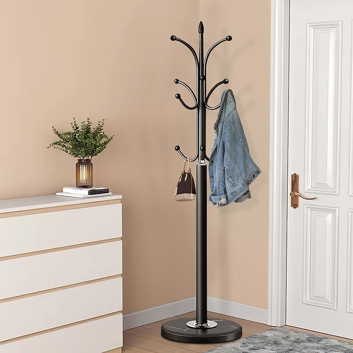 Tenkovic Metal Coat Rack Stand with Natural Marble Base, Coat Rack Freestanding, Sturdy Hall Tree with 12 Hooks for Hanging Clothes, Bags, Scarfs, Coat Hanger for Entryway, Hallway (Black)