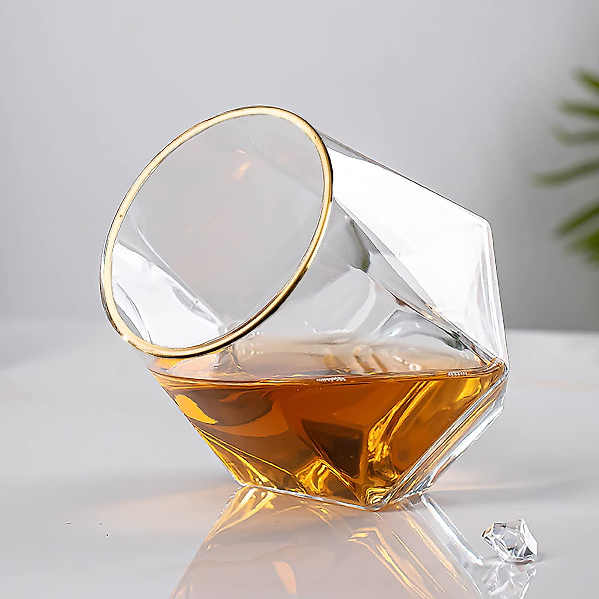 Diamond Wine Glass Set of 2, Modern Stemless Golden Edge Glass Cups Drinking Glassware for Serving Party,Home,Bar, Restaurants Transparent