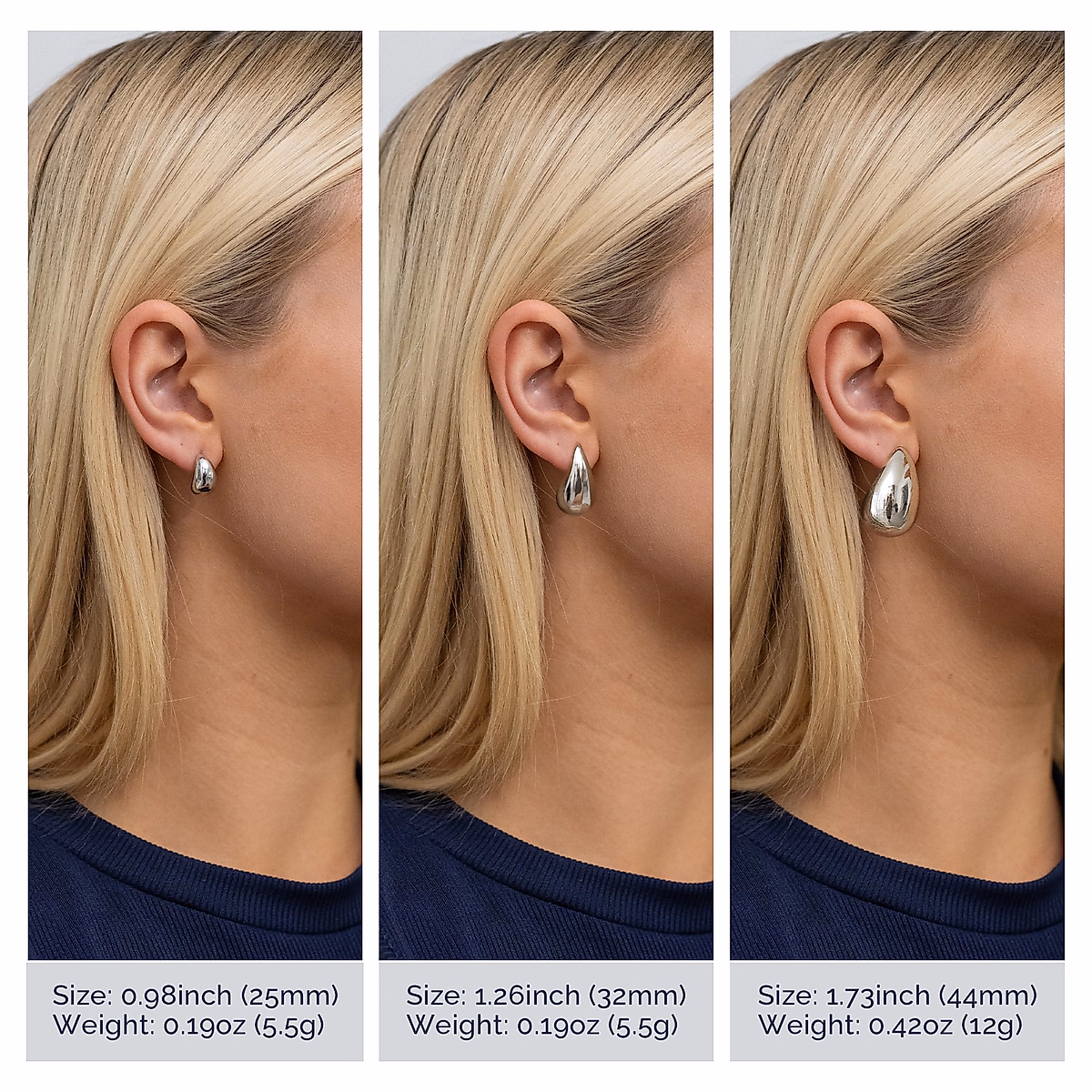 Ava Riley Chunky Gold Earrings, Medium Silver Plated Teardrop Earrings for Women, Chunky Silver Ear Studs Tear Drop S925 Sterling Silver Jewelry