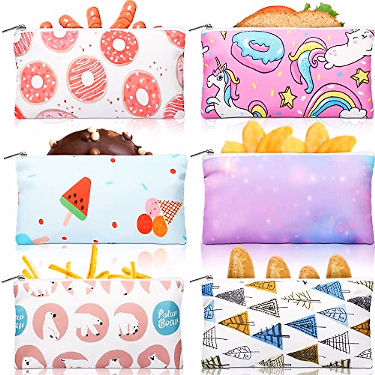 6 Pack Reusable Snack Bags for Kids with Zipper Food Safety Washable Lunch Kids Food Storage Pouch Sandwich Bags Dual Layer Bags (6.9 x 3.7 Inch)