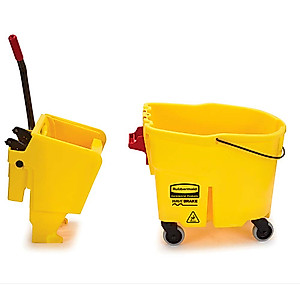 Rubbermaid Commercial Products WaveBrake 44 QT Side-Press Mop Bucket and Wringer Combo on Wheels with Foot Drain, Yellow, for Heavy-Duty Floor Cleaning