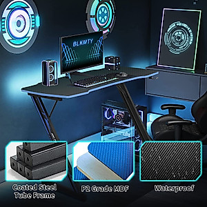 47" Gaming Desk Z Shaped Gaming Table Large Home Office Desks PC Computer Desk Workstation Ergonomic Gamer Table Writing Desk with Headphone Hook for Game Player Boyfriend Gift, Blue