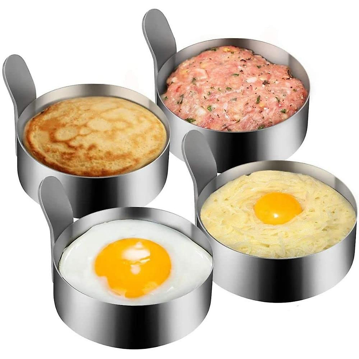 2/4/6Pcs Egg Rings Round Egg Frying Mold Pancake Shaper Stainless Steel Omelette Mould with Handle for Breakfast Camping (3.5inch/3inch)(S 4PCS)
