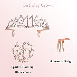 11th Birthday Decorations for Girls，Rose Gold 11 Birthday Crown Tiara ，Cake Topper, Birthday Sash with Peal Pin and Birthday Candles Kit,11th Birthday Gifts for Girls