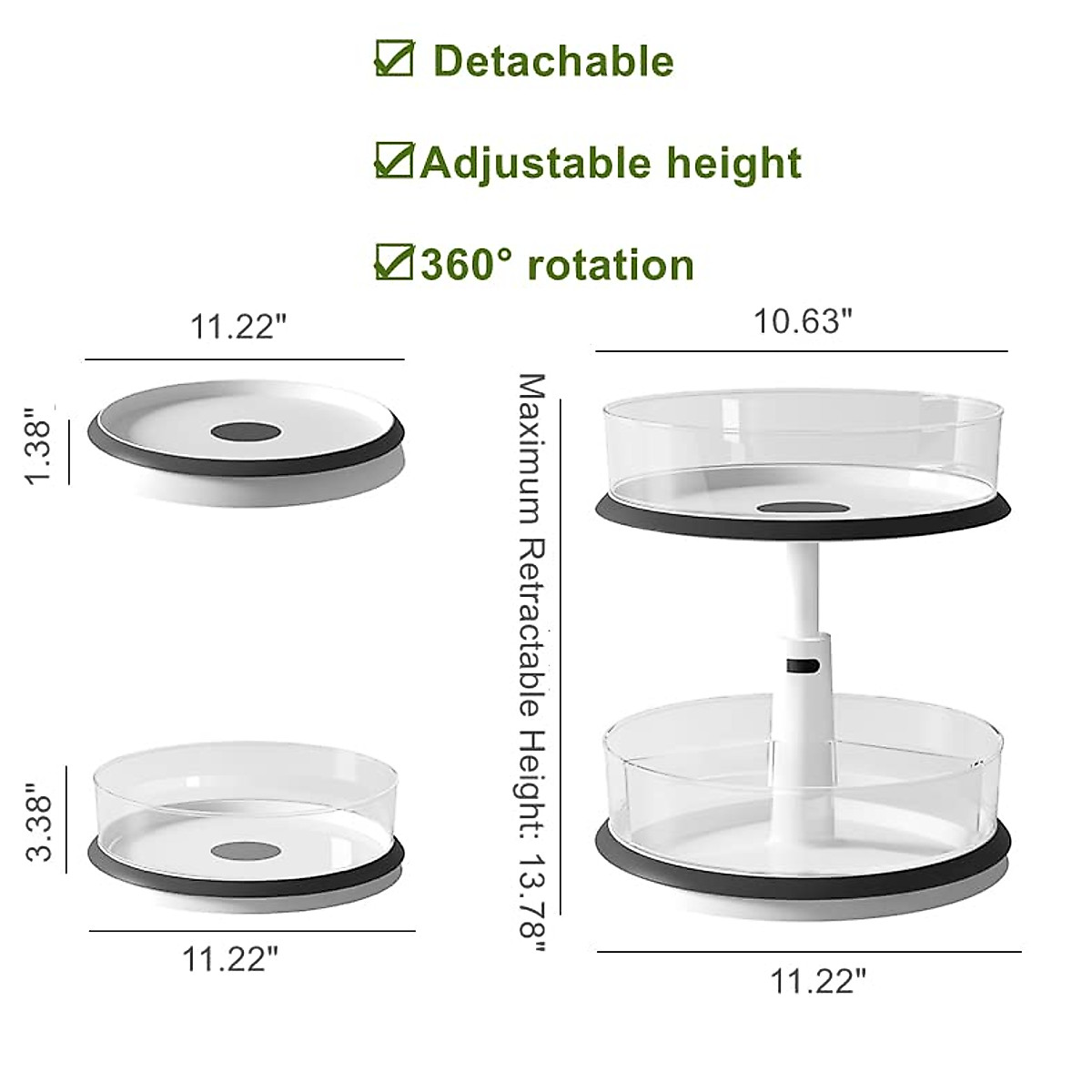 ROYALITA 2 Tier Lazy Susan Organizer for Cabinet, Upgraded 11.5" Clear Lazy Susan Turntable for Table, Detachable 360° Rotating Lazy Susan Spice Storage for Kitchen, Pantry, Refrigerator, Countertop