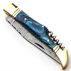 POC-9798 Handmade Damascus Folding Pocket Knife With Leather Sheath