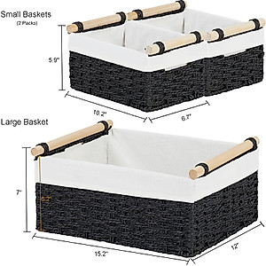 Vagusicc Wicker Storage Basket, Set of 3 Hand-woven Wicker Baskets for Organizing, Large Cube Storage Organizer Baskets Bins with Handles for Shelves Decor, Small Toilet Paper Storage Basket, Black