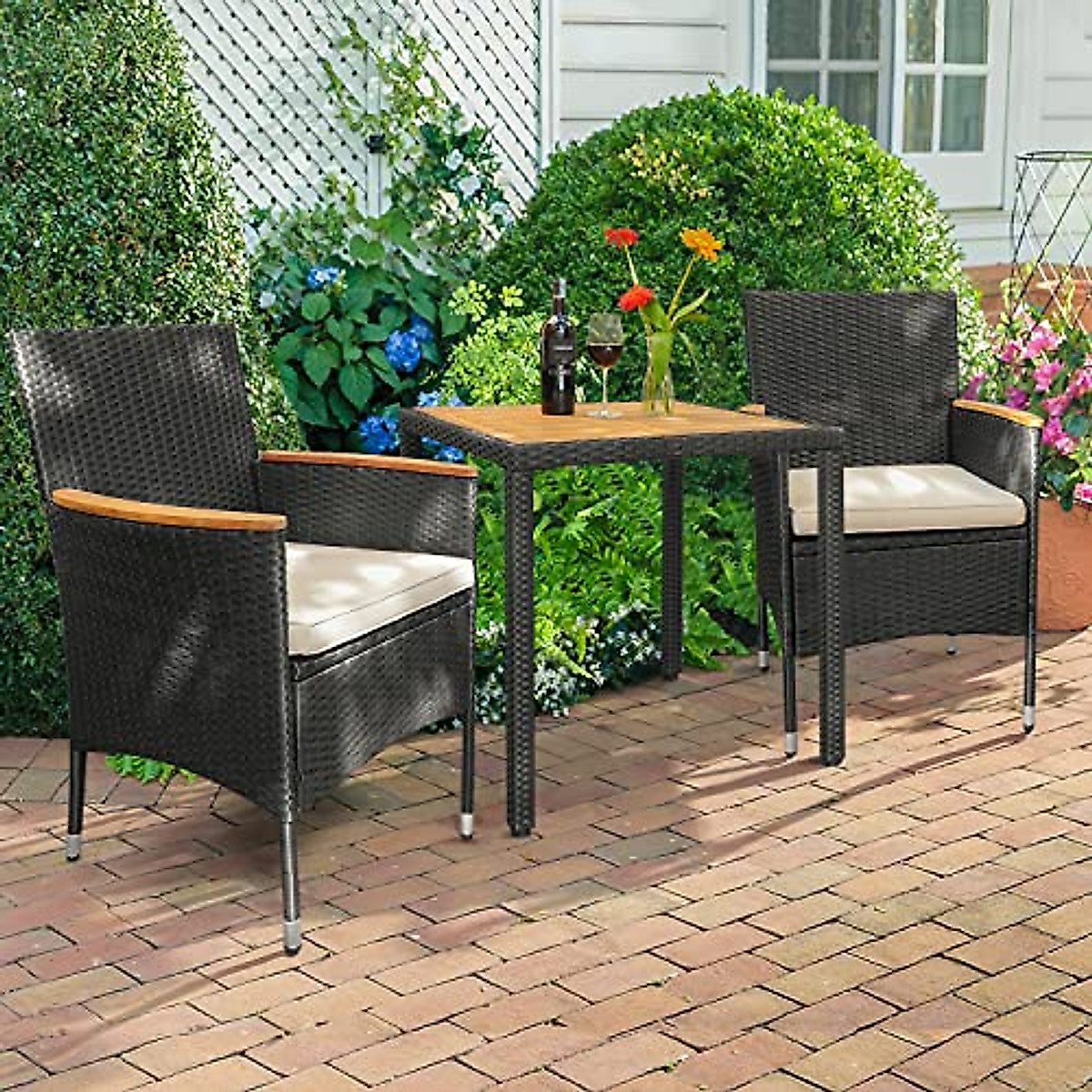 Greesum 3 Piece Patio Furniture Outdoor Dining Wicker Table & Chairs, Beige